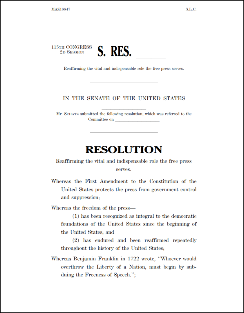 Document of the Day: US Senate Resolution on Freedom of the Press ...